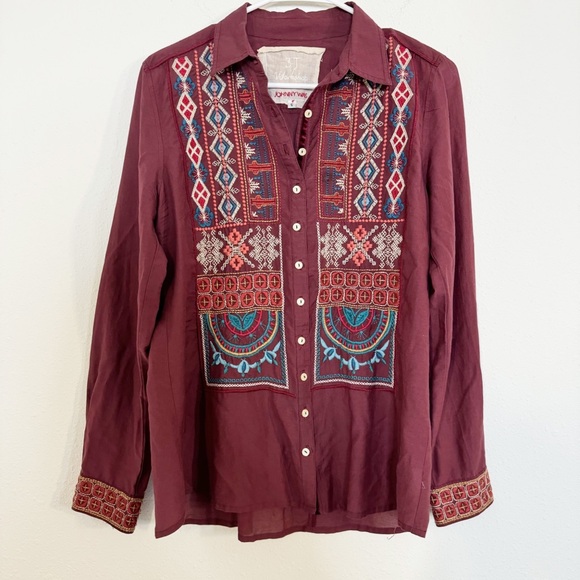Tops | Johnny Was Embroidered Burgundy Button Down Shirt | Poshmark